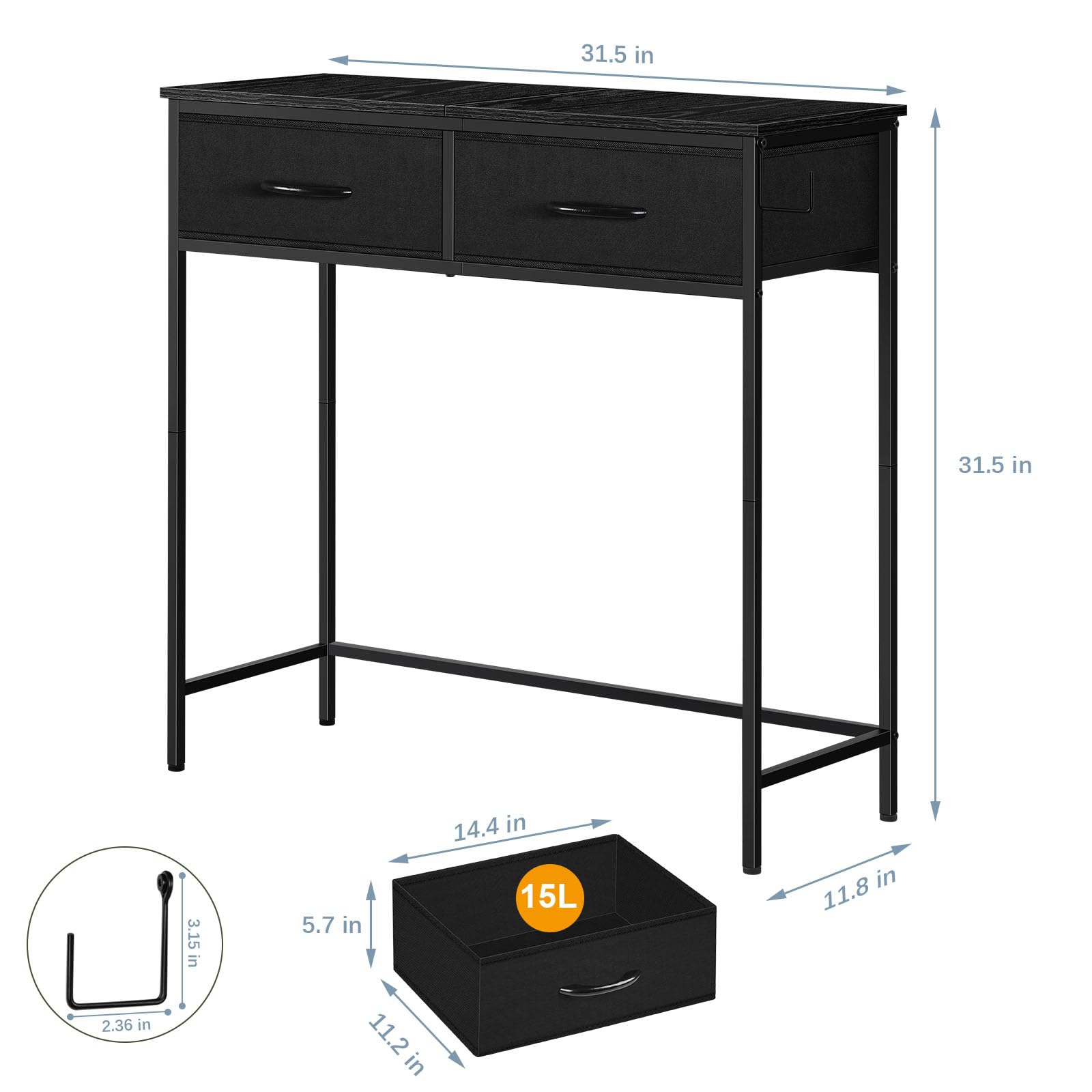 Console Table with 2 Drawers, 31.5 inches Small Entryway Table with Storage, Black Narrow Modern Sofa Table with Hooks and Fabric Drawers for Living Room Foyer Bedroom Corridor Office, Industrial