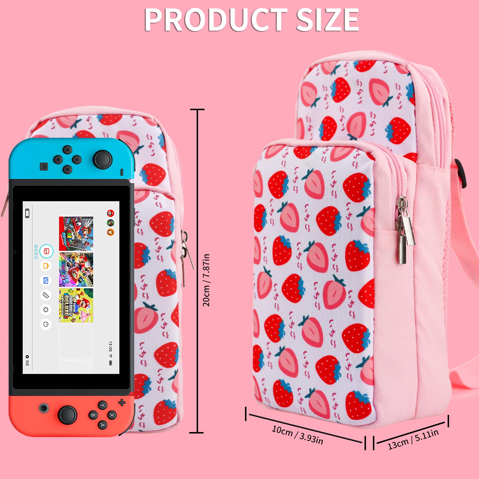 CONSOLEARMOR Pink Strawberry Travel Bag Compatible with Nintendo Switch/Lite/OLED, Portable Waterproof Crossbody Carrying Case, Shoulder Bag Storage Backpack Case with Thumb Cap for Switch Accessories