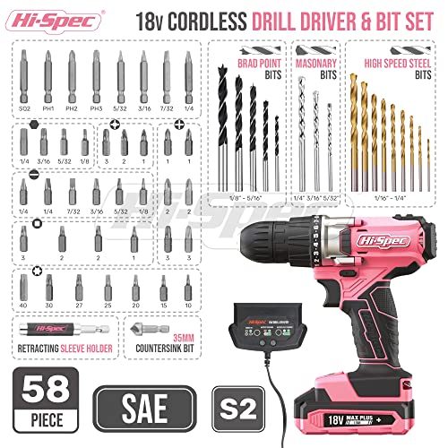 Hi-Spec 58pc Pink 18V Cordless Power Drill Driver, Bit Set & Case. Complete Home & Garage DIY Tool