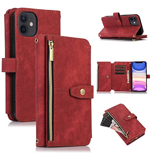 ZCDAYE Wallet Case iPhone 11(6.1 inches), iPhone 11 Phone Case with Strap, Premium Zipper (with Wristlet) Flip Leather Phone Case for iPhone 11(6.1 inches) - Red