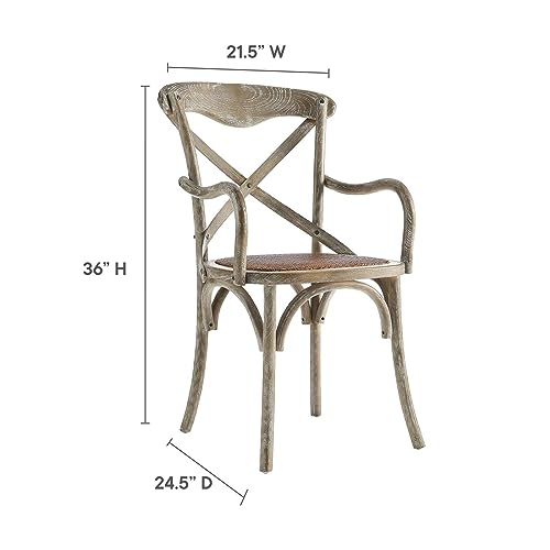 Modway Gear Rustic Modern Farmhouse Elm Wood Rattan Two Dining Armchairs in Gray