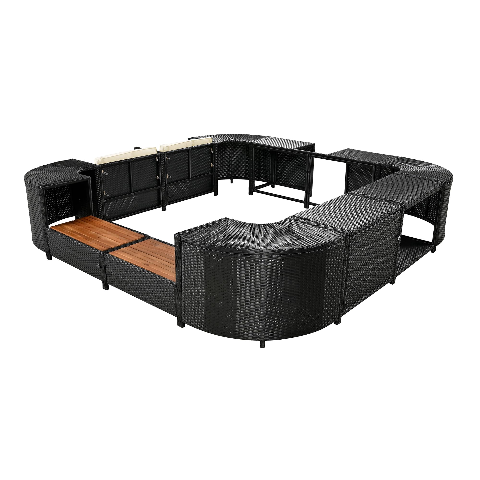 Harper & Bright Designs Spa Surround Spa Frame Quadrilateral Outdoor Rattan Sectional Sofa Set with Mini Sofa,Wooden Seats and Storage Spaces for Free Combination,Cream Beige