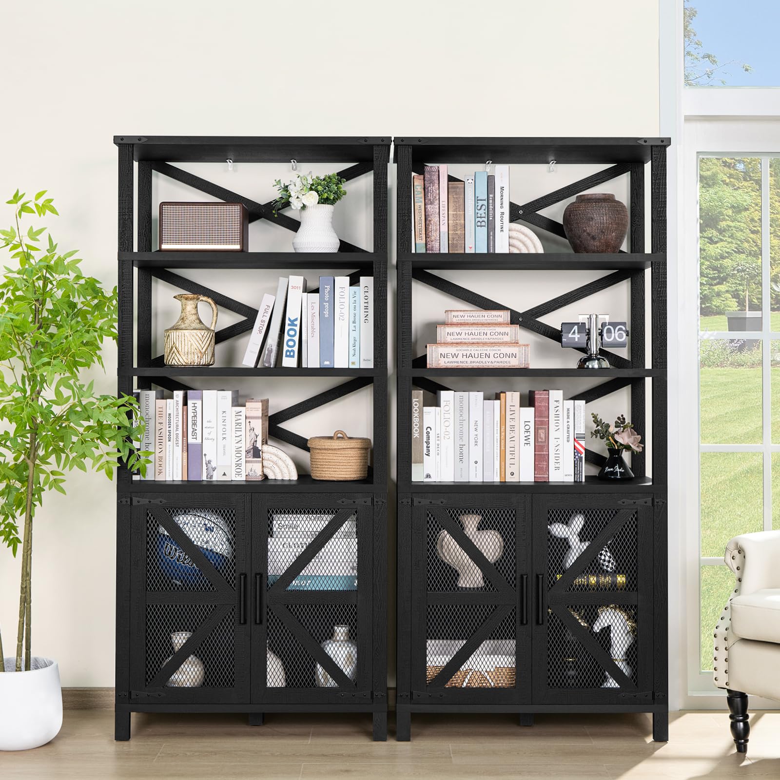 Joaxswe 5 Tier Bookshelf 70" Tall Bookcase with Barn Doors,Large Farmhouse Display Book Shelf with Adjustable Shelves and Storage Cabinet,Library Wood Bookshelves for Living Room,Kitchen,Black