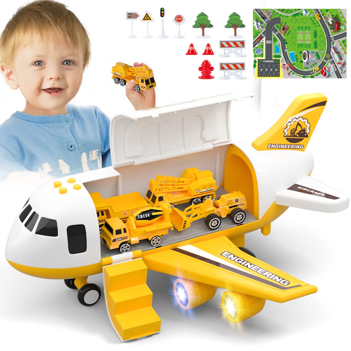 UNIH Toddler Airplane for 2 3 4 5 Year Old Boys & Girls, Kids Toys Plane with Lights and Sounds, Transport Cargo Airplane with 4 Construction Cars