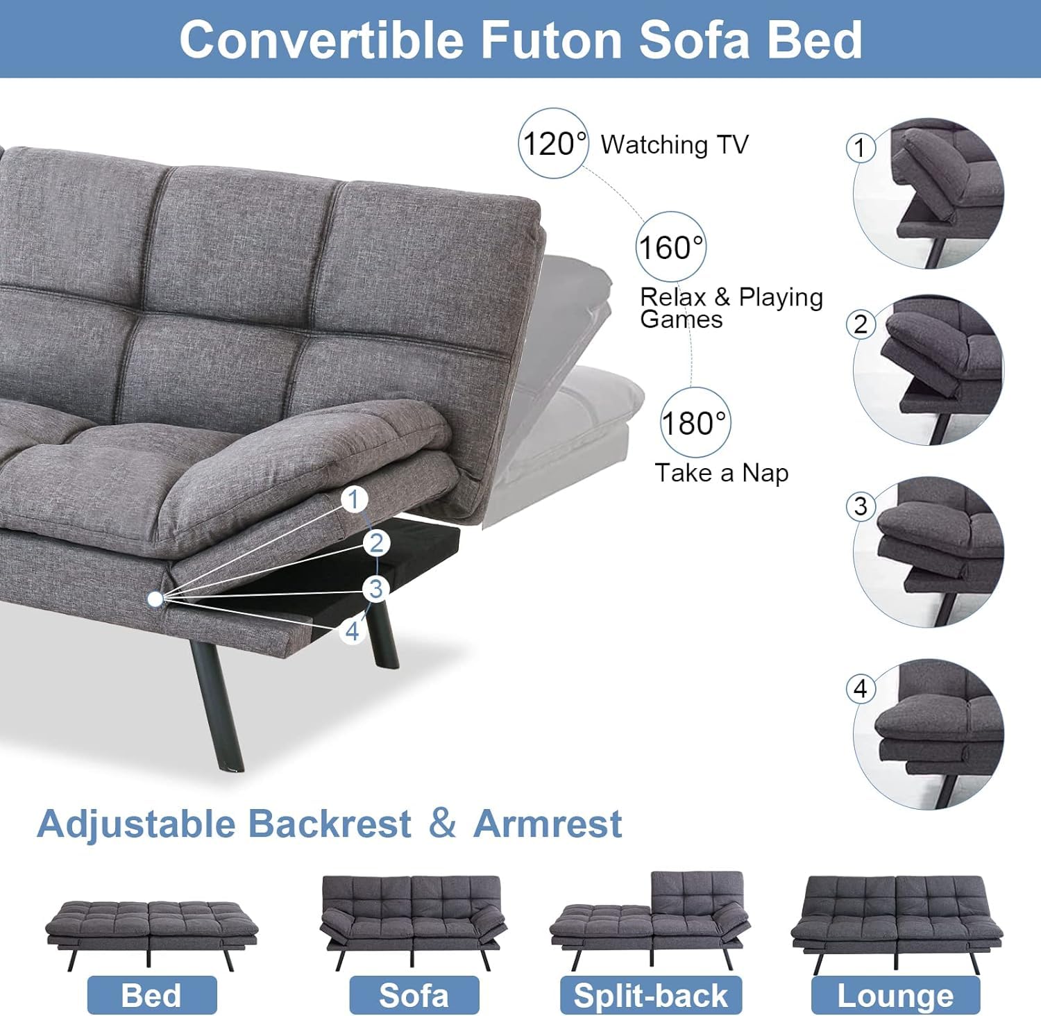 MUUEGM Convertible Futon Couch Bed Sofa,Loveseat Sleeper Sofa Bed Couch,Memory Foam Modern Futon Adjustable Armrest and Backres,Sleeping Sofa for Living Room,Small Space,Apartment Office,Dark Gray