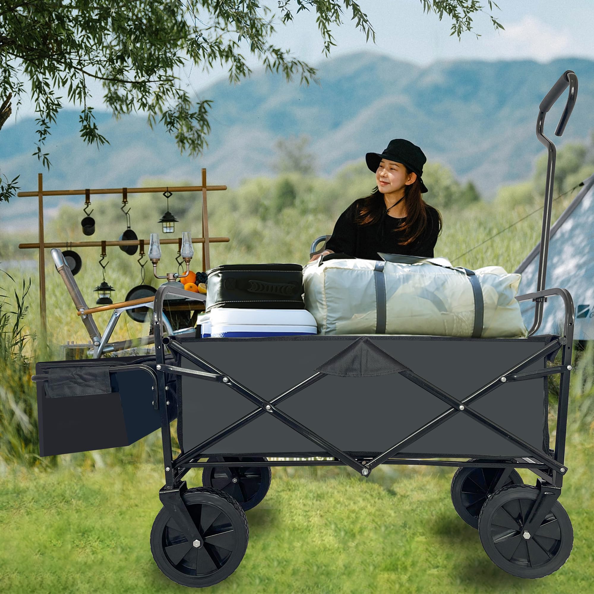 Collapsible Foldable Beach Wagon Carts with 360° Rotating Wheels for All Terrain, Utility Small Heavy Duty Wagon with 270LBS Capacity for Grocery, Sand, Garden, Outdoor, Camping (Antique Black)