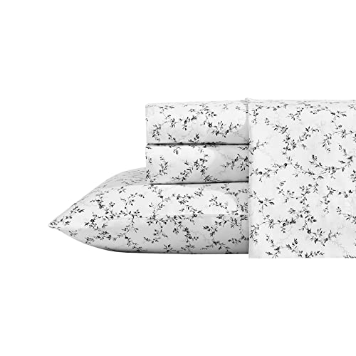 Laura Ashley Home - Queen Sheets, Soft Sateen Cotton Bedding Set - Sleek, Smooth, & Breathable Home Decor (Saras Sprig Black, 4 pieces, Queen)