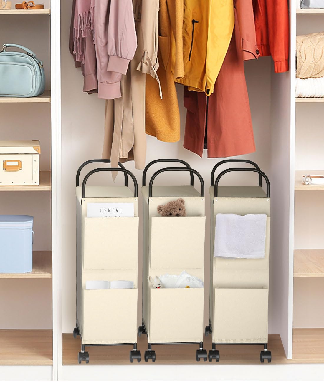 Luxspire 75L Slim Laundry Hamper with Wheels, Rolling Laundry Basket with Lid, Removable Clothes Hamper with Metal Frame, Narrow Laundry Hamper for Dorm, Bedroom, Nursery, Closet, Small, Beige
