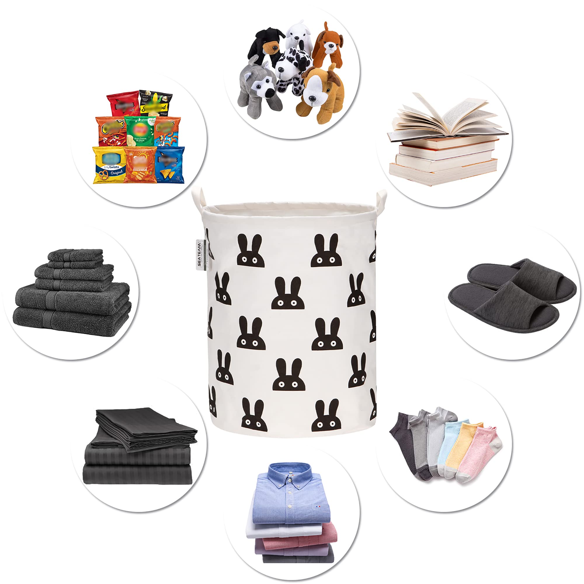 Sea Team 19.7" Large Sized Waterproof Coating Ramie Cotton Fabric Folding Laundry Hamper Bucket Cylindric Burlap Canvas Storage Basket with Cute Bunny Design (Black)