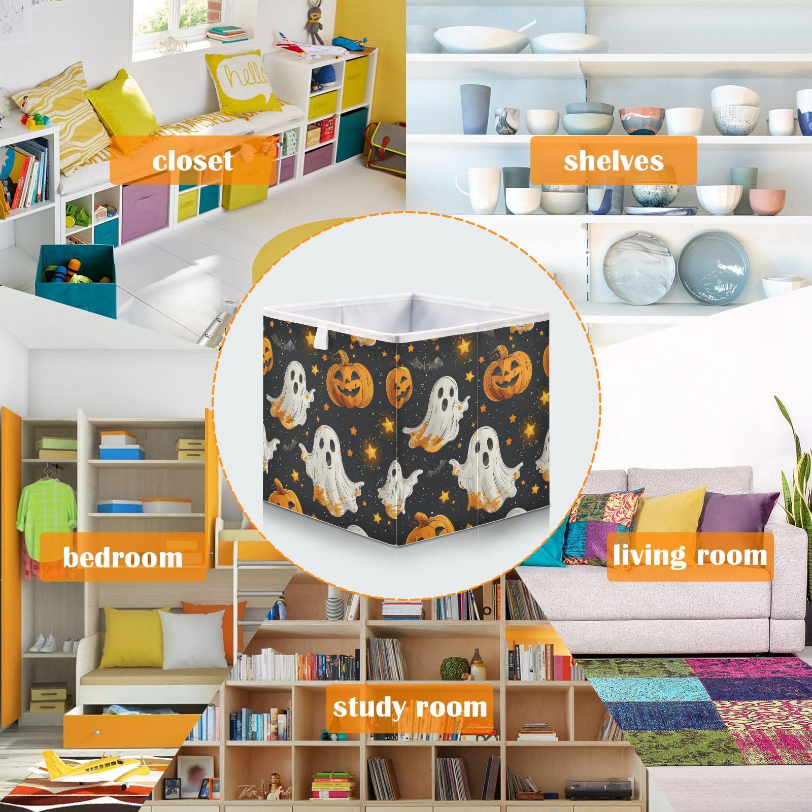 Jthubd Halloween Boo Storage Bin with Handles 11x11x11 Inch Foldable Cube Storage Basket Fabric Storage Box Closet Organizer Collapsible Toy Clothes Nursery Basket, 1 Pack