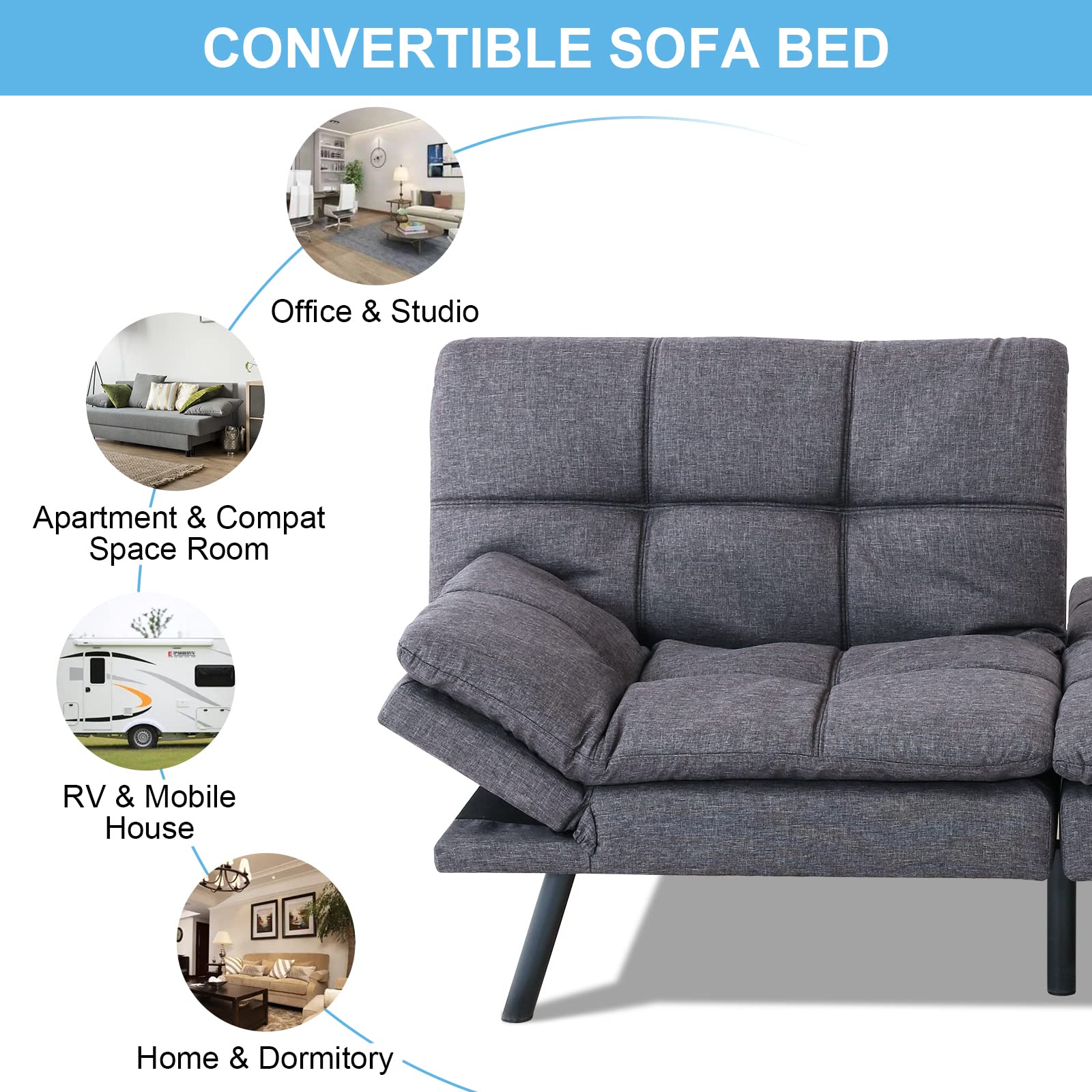 MUUEGM Futon Sofa Bed Modern Memory Foam Futon Couch Sleeper Sofa,Love seat Convertible Sofa with Adjustable Armrest Backrest for Compact Living Spaces,71'' x33''x31.5'',Linen Fabric,Grey