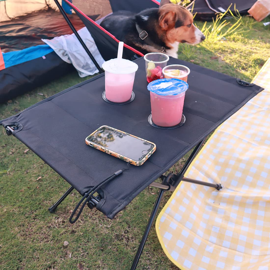 Folding Camping Table - Portable Folding Table with 2 Cup Holders, Compact Lightweight Small Folding Roll-up Table with Carry Bag for Outdoor Picnic, Beach, Camping, BBQ, Party