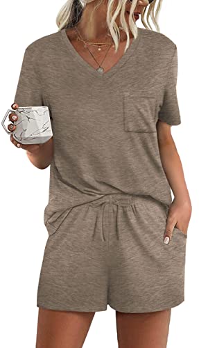 RUBZOOF Pajamas for Women Shorts Set V Neck Casual Summer Short Sleeve Lounge Sets Grey XL