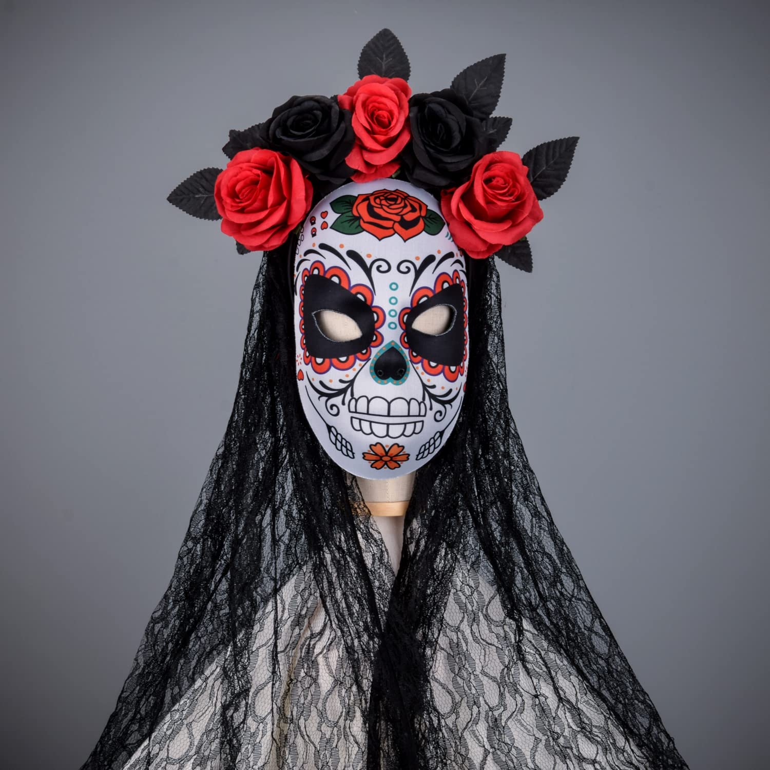 DDazzling Frida Flower Crown Mexican Headpiece Day of the Dead Floral Crown Halloween Floral Headband (Red Back Flower)