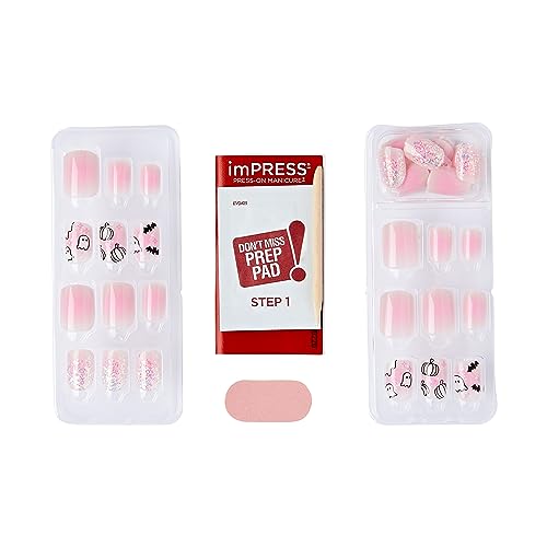 KISS imPRESS Press-On Manicure Halloween, Pink, Short Length, Square Shape, PureFit Technology, Chip Proof, Smudge Proof, Waterproof, Prep Pad, Mini Nail File, Manicure Stick & 30 Fake Nails