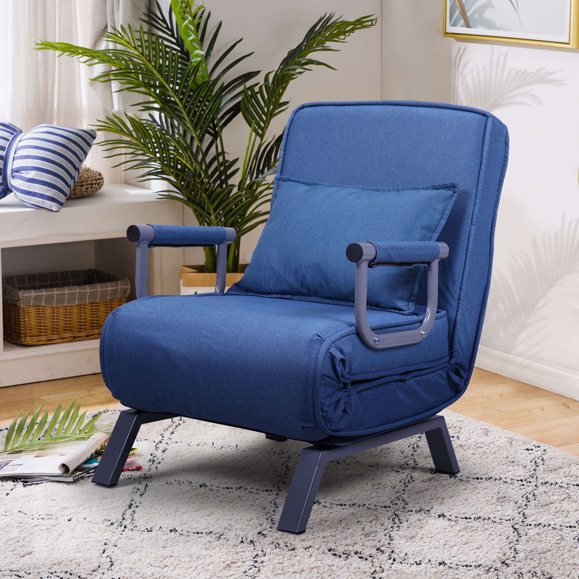 Convertible Sofa Bed Sleeper Chair, Modern Chaise Lounge 5 Position Adjustable Backrest, Folding Arm Chair Sleeper with Pillow, Upholstered Seat, Couch for Bedroom Home Office, Blue