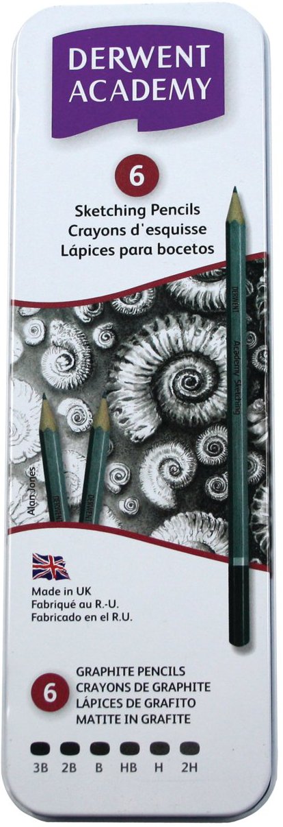 Derwent Academy Sketching Pencils, 6 Degrees of Hardness, Metal Tin, 6 Count (2301945)