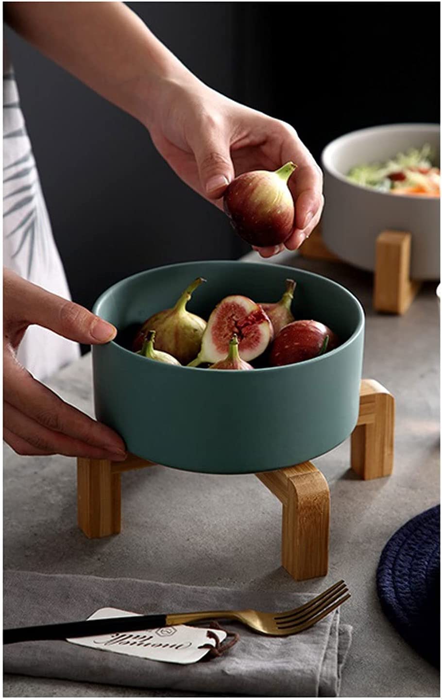 DHAEY Fruit Bowl Fruit Holder Large Fruit Bowl Dessert Bowl Household Wooden Foot Personalized Ceramic Bowl Kitchen (Color : Green)