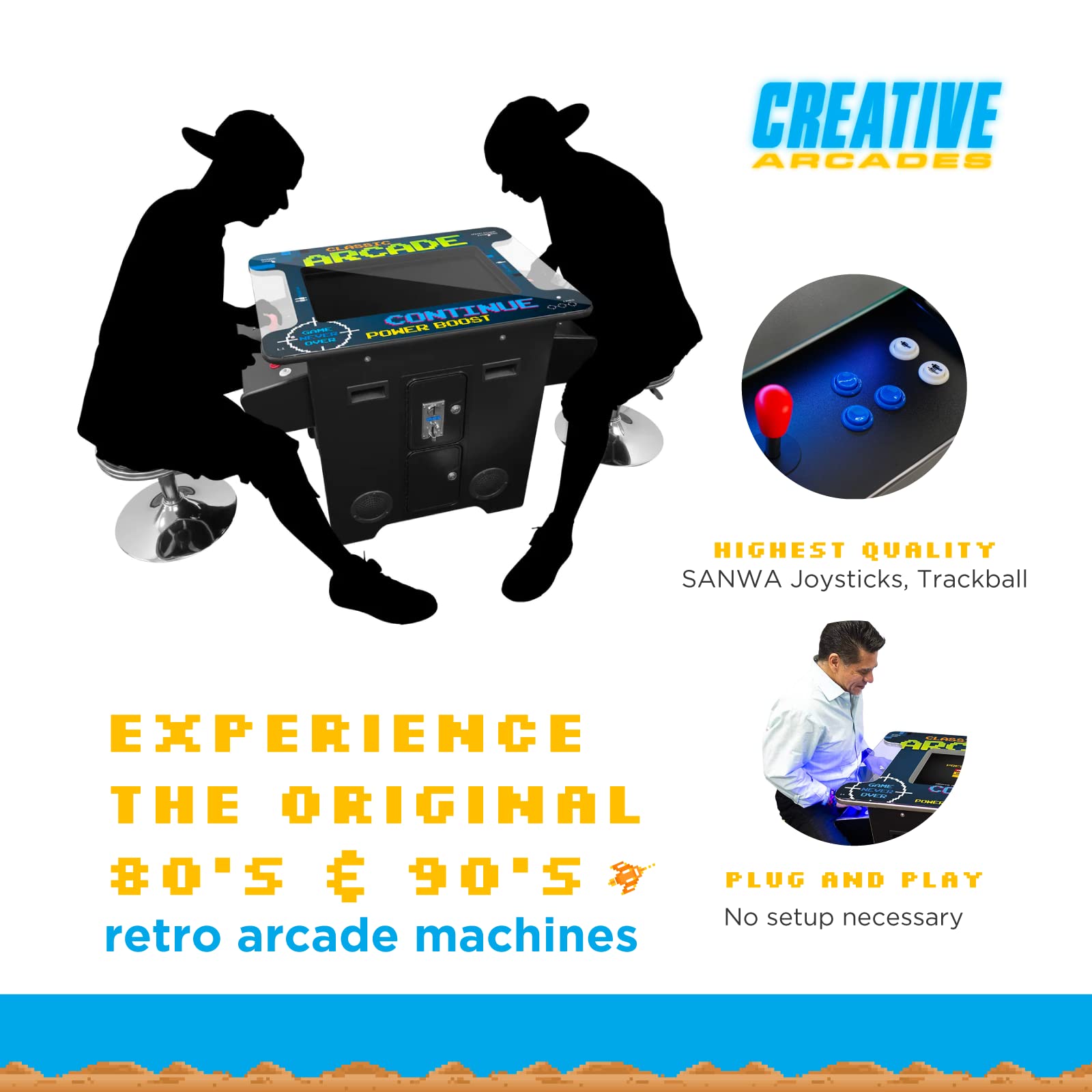 Creative Arcades Full Size Commercial Grade Cocktail Arcade Machine | 2 Player | 412 Games | 22" LCD Screen | Square Glass Top | LED | 2 Sanwa Joysticks | Trackball | 2 Stools | 3 Year Warranty