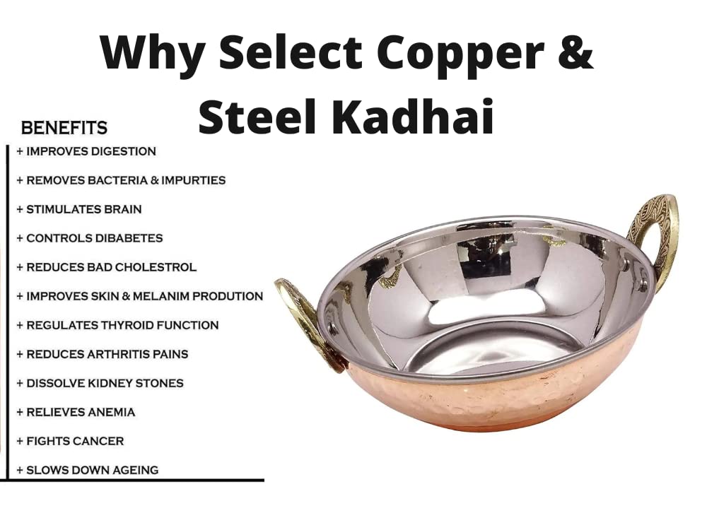 Genx Set of 4, Indian Copper Serveware Karahi Vegetable Dinner Bowl with Solid Brass Handle for Indian Food, Diameter- 13 Cm (5.2 Inches)