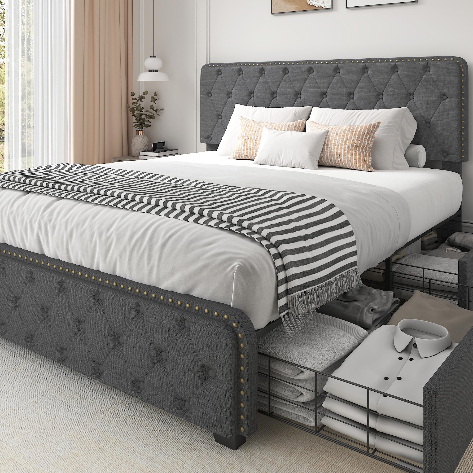 Lifezone Queen Bed Frame with Headboard Faux Leather Upholstered Metal Queen Bed Frame with 4 Storage Drawers, Adjustable Headboard/All-Metal Support/No Box Spring Needed/Easy Assembly, Black