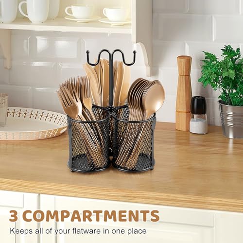 DTICON Utensil Caddy Silverware Cutlery Holder: Kitchen Countertop Flatware Organizer for Party Spoon and Fork Holder Black Basket Outdoor Buffet Camping Picnic Modern Metal Utensils Counter Storage
