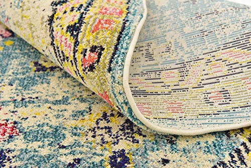 Unique Loom Monterey Collection Vintage Bohemian Inspired with Distressed Tribal Design Area Rug, Round 8' 0" x 8' 0", Blue/Yellow