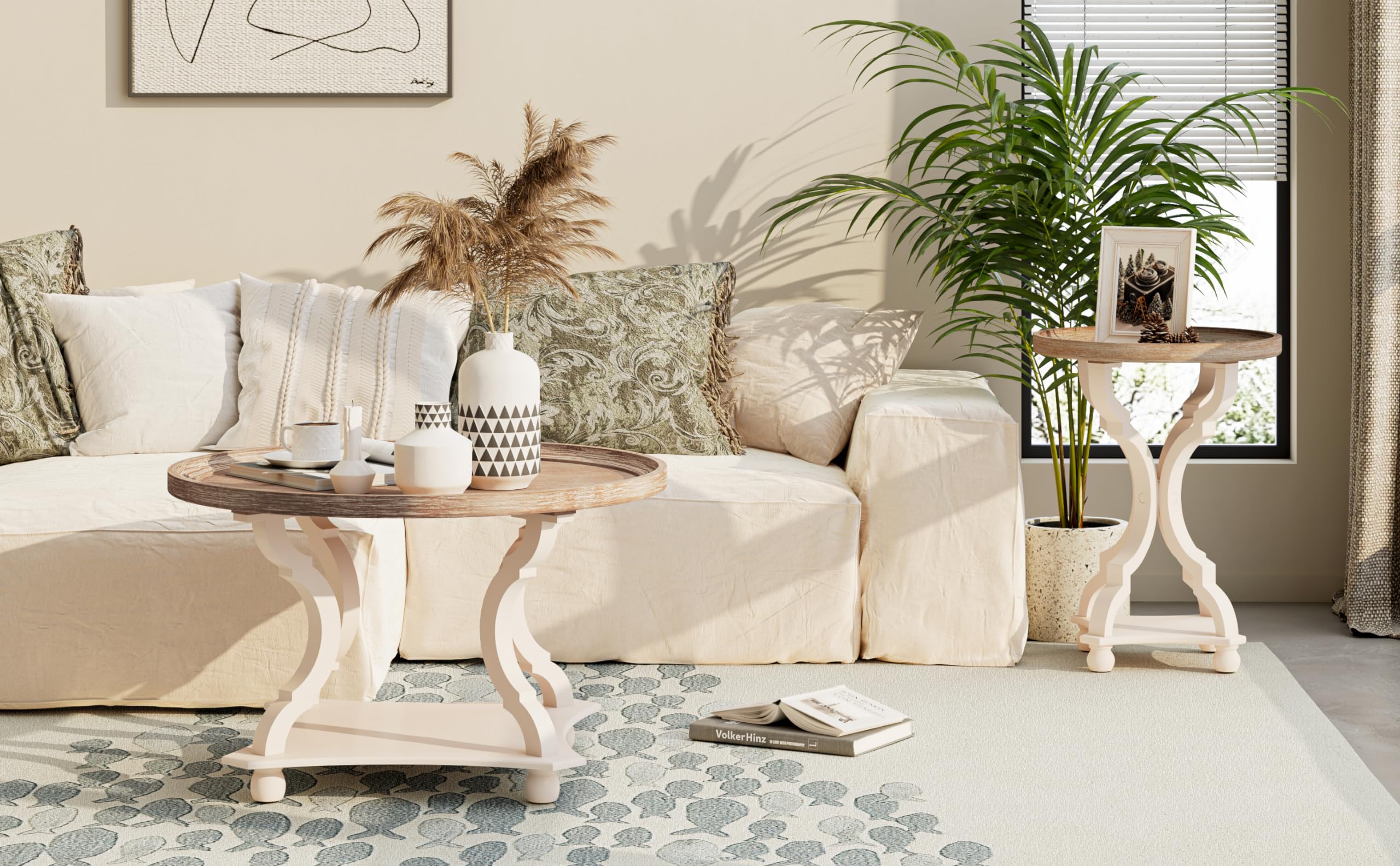 COZAYH Round Farmhouse Coffee Table with Handmade Finishes, Wood Tray Top Rustic Coffee Table for Added Thickness, Accent Table with Storage for Living,White 32βX32βX20β