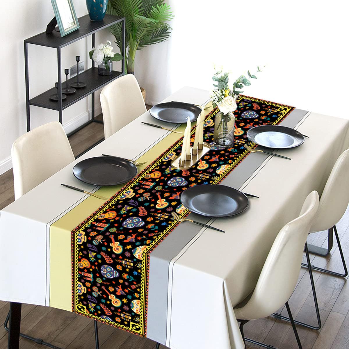 Day of The Dead Table Runner Dia De Los Muertos Decorations Cinco de Mayo Rustic Linen Mexican Sugar Skull Altar Kit Decor for Home Kitchen Dining Room Decoration