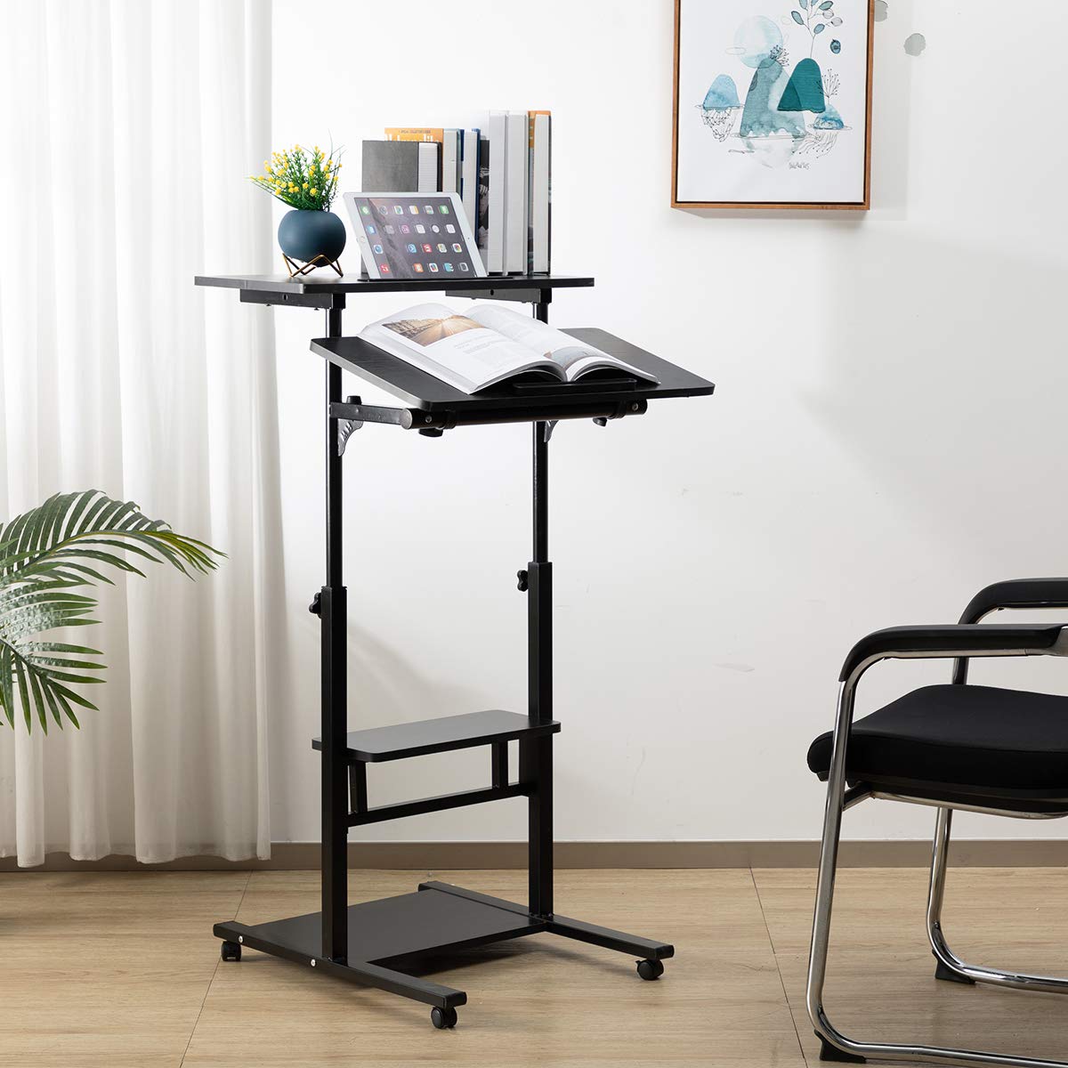 DOEWORKS Mobile Stand Up Desk, Height Adjustable Computer Work Station with Wheels, Rolling Presentation, Rolling Desk Laptop Cart for Standing or Sitting, Portable Laptop Stand Tall Table, Black