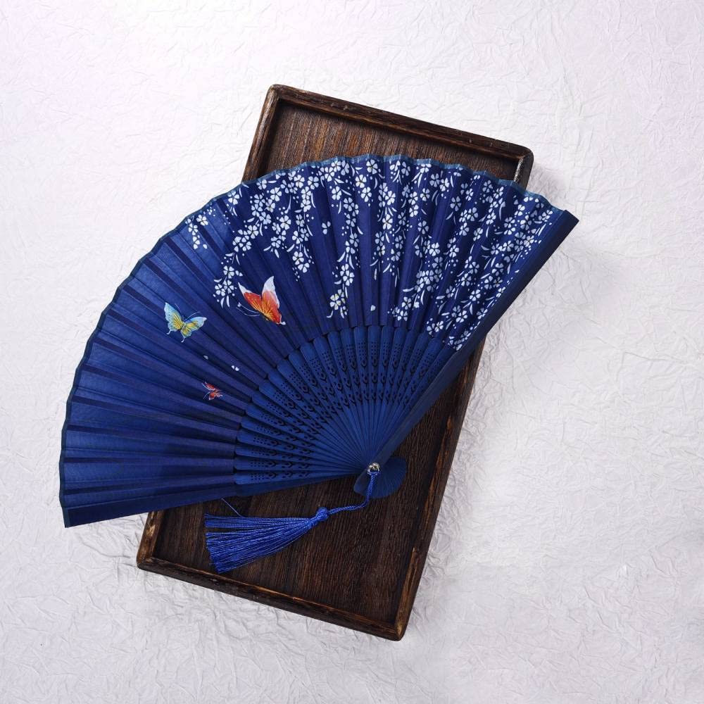 Folding Fan Handheld, Elegant Floral Two Color Butterfly Handmade Hand Fan Foldable with Navy Blue Tassel Aesthetic Chinese Fan Portable Handheld Fan for Dance Party Wedding Gift