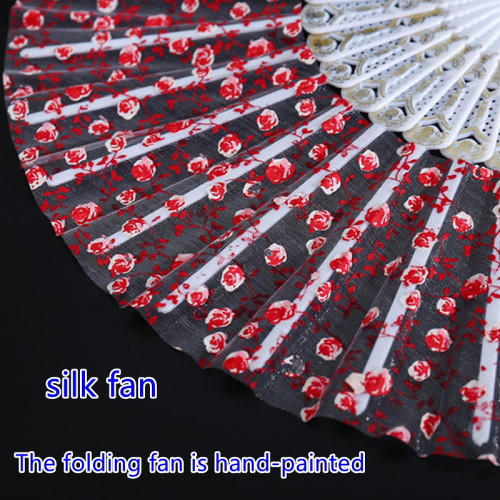 Folding Fan Handheld, 2Pc Folding Hand Fan Elegant Floral Red Silk Fans Exquisite Large Portable Chinese Fan Summer Handmade Home Decorative Folding Fans for Dance Wedding