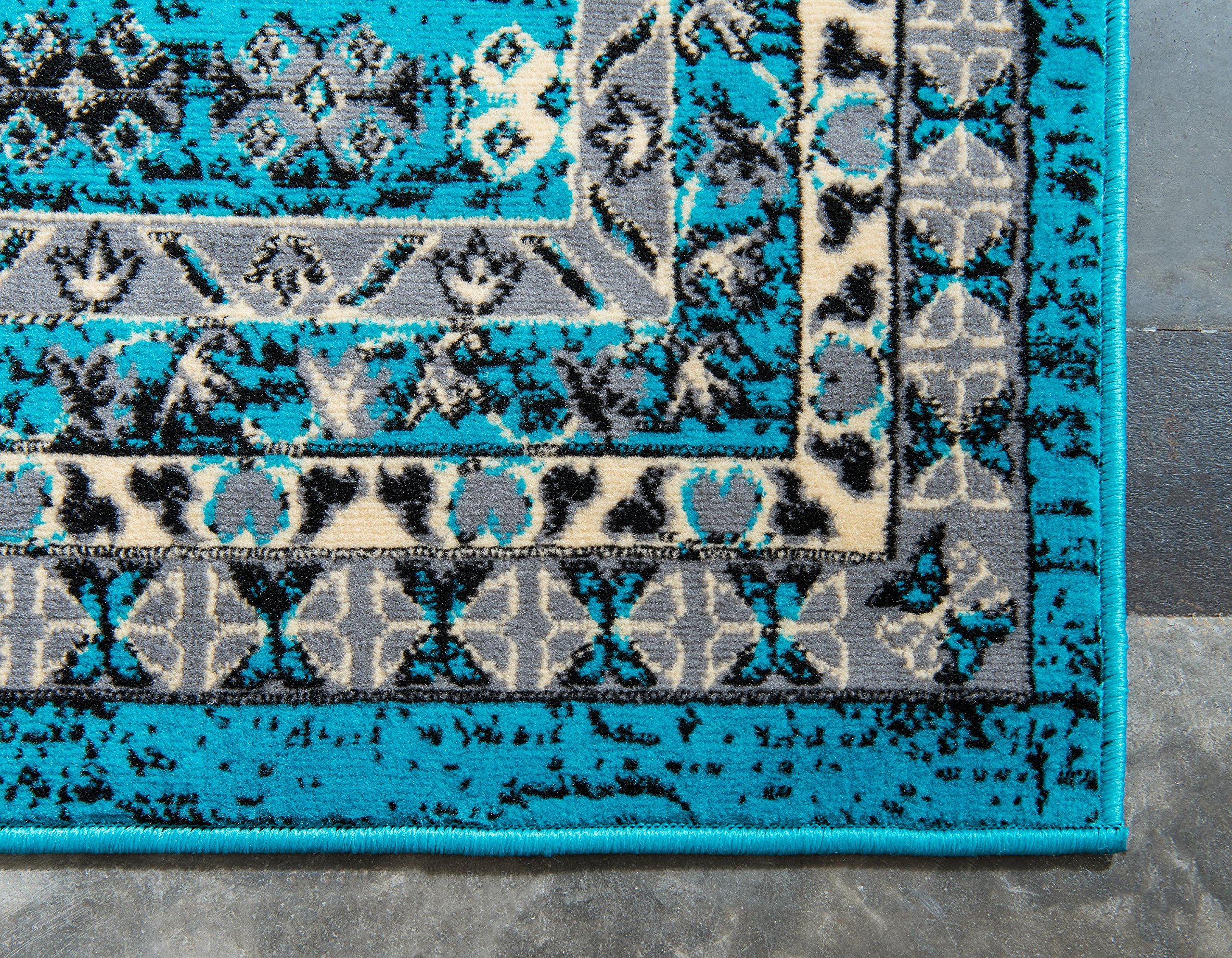 Unique Loom Taftan Collection Border Geometric Tribal Inspired Design Area Rug, 4 ft x 6 ft, Turquoise/Gray
