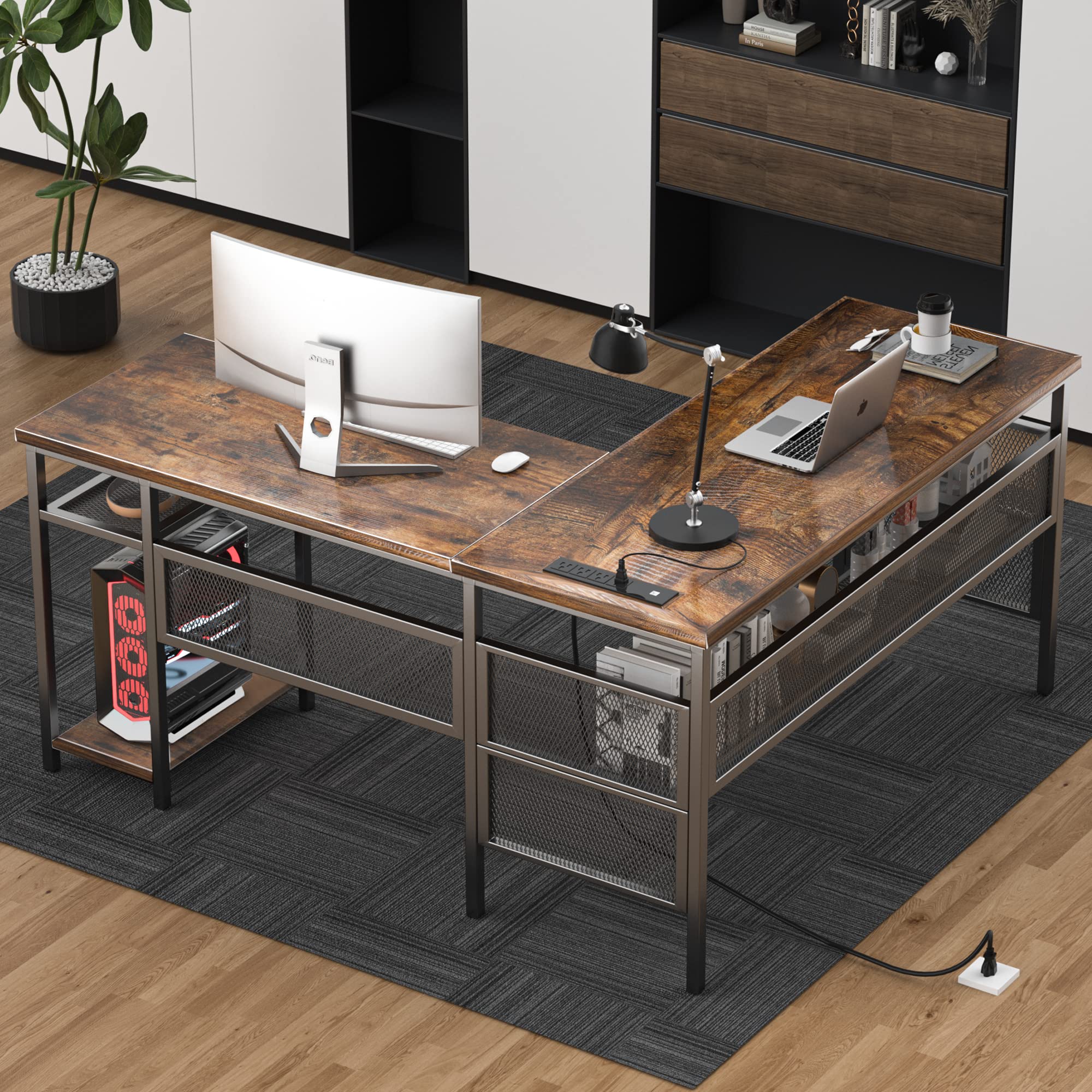 COZY EAGLE L Shaped Home Office Desk with Power Outlet, Computer Desk, Corner Computer Desk with Storage and Drawers, L Shaped Gaming Desk, Corner Desk with Drawers for Small Space, Rustic Brown