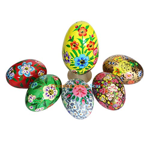 Crossing Seven Seas 3" Set of 5 Hand Painted Easter Eggs & one 4" Paper Mache Ukrainian Garden Flowers Home décor - Total 6 Eggs.