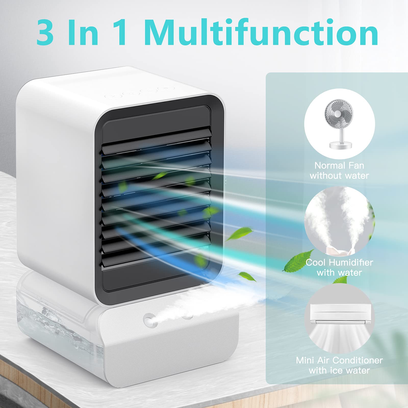ZEBRE Portable Air Conditioner Fan, Personal Air Cooler, Evaporative Air Cooler Purifier Misting Fan with 7 Colors LED Lights & 3 Speeds for Home Room Office