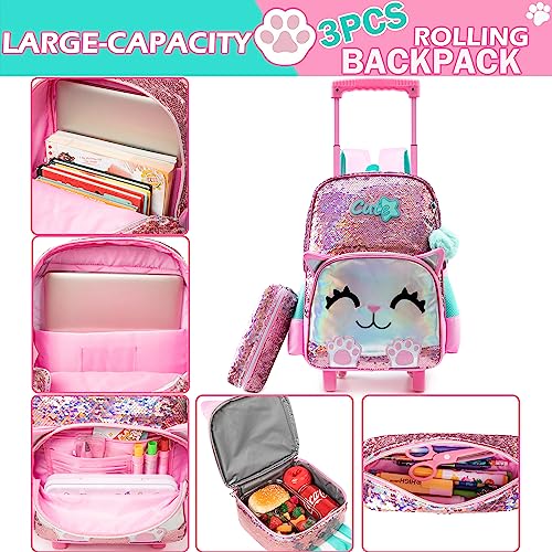 Meetbelify Rolling Backpack for Girls Cute Pink Cat School Backpack with Wheels Kids Sequin Roller Luggage for Elementary Kindergarten Students with Lunch Box Pencil Case for Girls 5-12 Years Old
