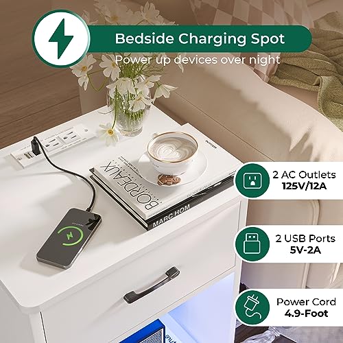 SUPERJARE L Shaped Computer Desk with Power Outlets & LED Lights and Nightstands Set of 2 with Charging Station & LED Light Strips, White