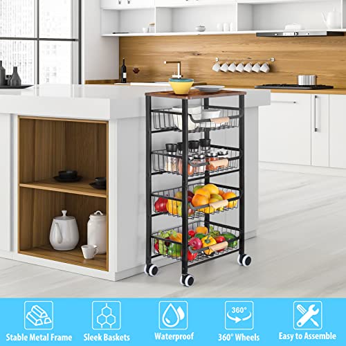 Kitchen Storage Rolling Cart, Kitchen Cart with Lockable Wheels, 5 Tier Metal Wire Basket Shelf Rolling Storage Cart with Wooden Handle, Wood Cover Top Kitchen Island Cart for Home, Office