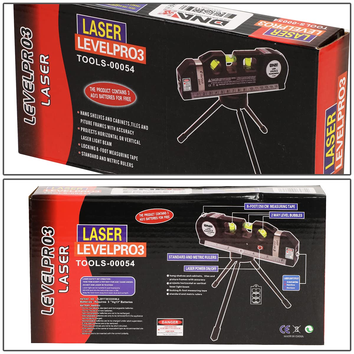 DNA Motoring TOOLS-00054 Adjustable Metric Ruler w/Triangle Bracket – 8 ft. Measuring Tape w/Three Mode Laser Line, Bubble Vials, Ruler Base