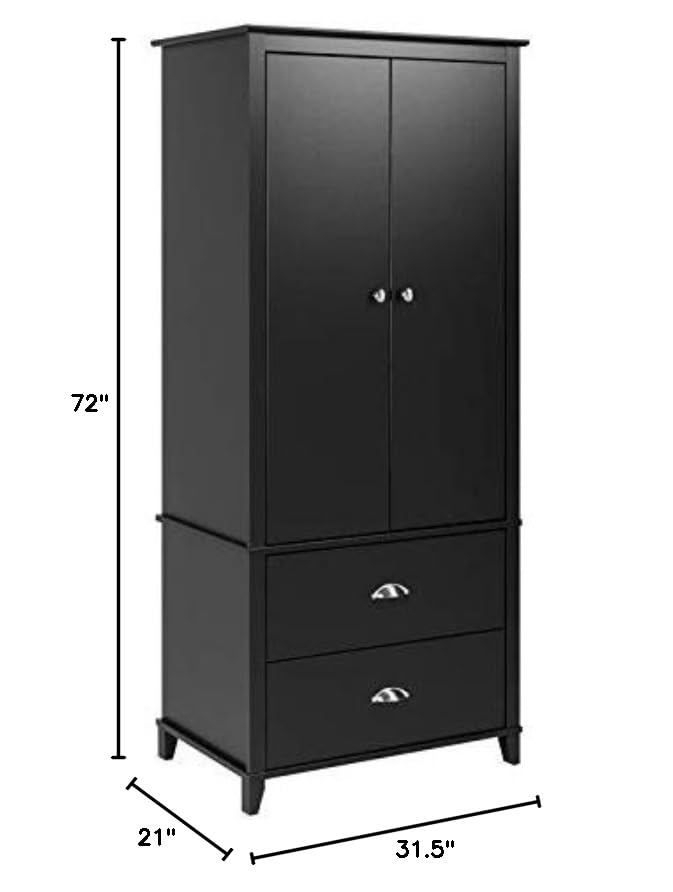 Prepac Yaletown Traditional Wardrobe Closet with Drawers and 2 Doors, Stylish 2-Door Armoire Portable Closet 21" D x 31.5" W x 72" H, Black, BABH-1205-2K
