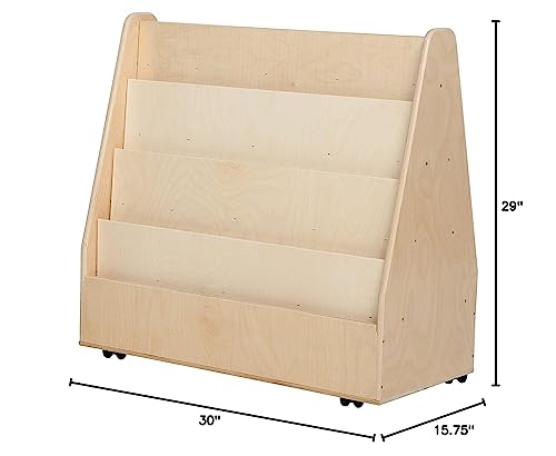 Contender Fully Assembled Double-Sided Book Cart On Wheels, Baltic Birch Book Display Stand, Wood Montessori Bookshelf Organizer For Kids In Natural Finish