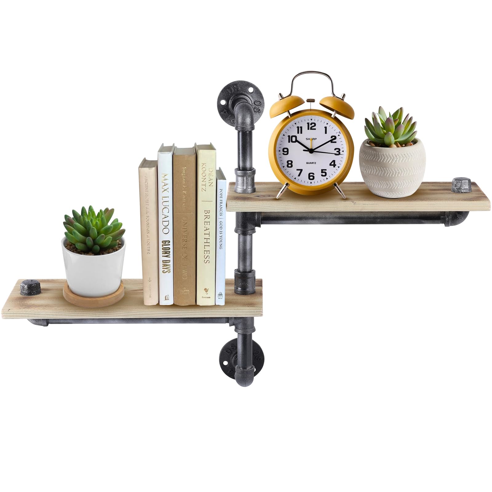 MENZOM Rustic Industrial Pipe Shelves - Corner Floating Shelf with Wood Panels - 2-Tier Wall Mounted Bookshelf - Versatile Storage Solution for Bedroom,and Home Decor - Wall Floating Pipe Rack(K)