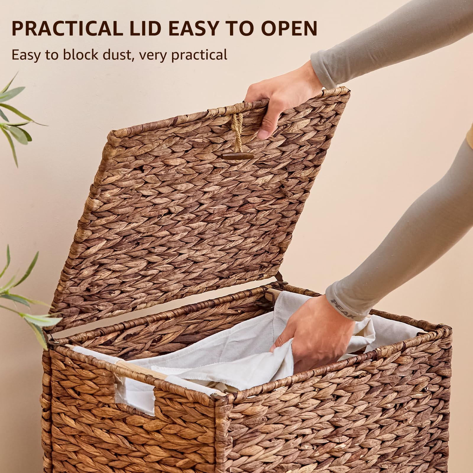 Large Laundry Hamper with Lid and Removable Liner Bag, Wicker Laundry Basket with Heightened Feet, Foldable Rattan Clothes Hamper, Handwoven Water Hyacinth Laundry Basket for Clothes and Towels
