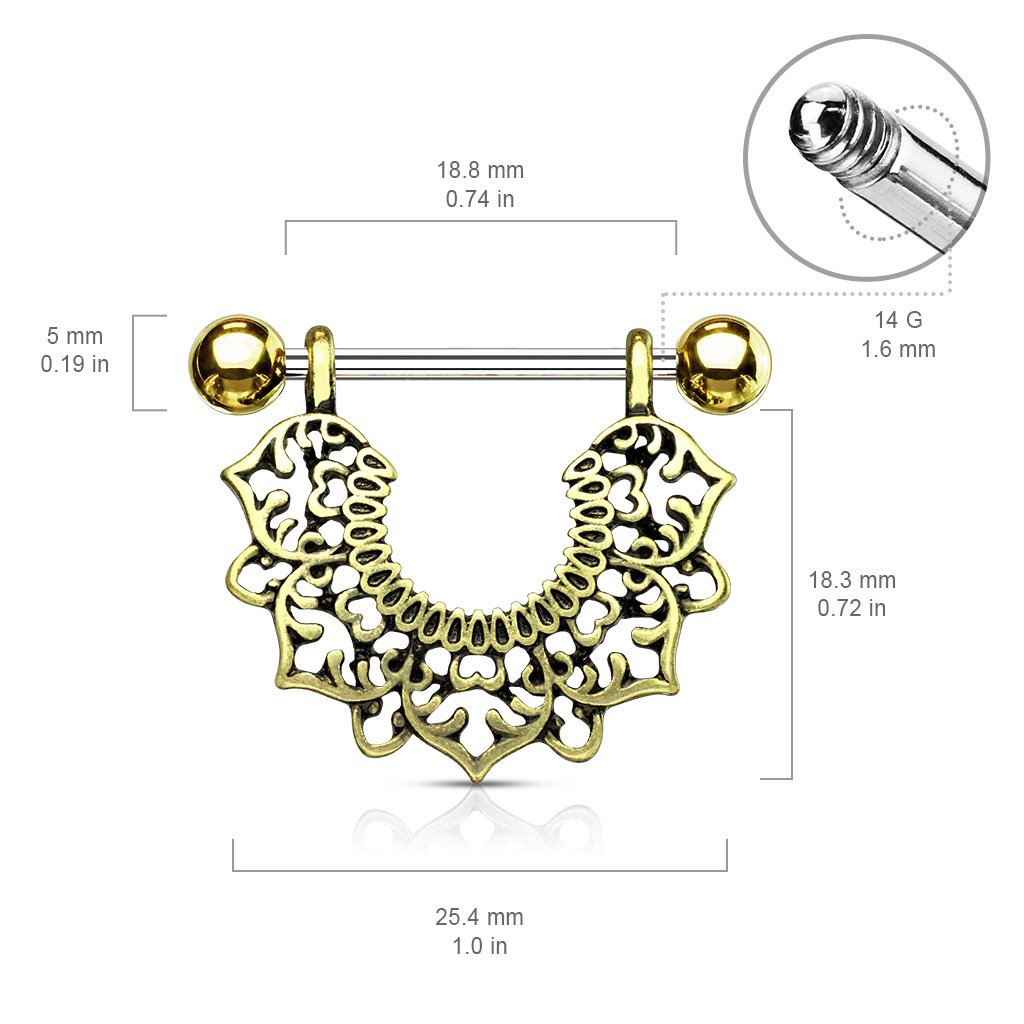 Covet Jewelry Filigree Flower Dangle 316L Surgical Steel Nipple Rings (Gold)