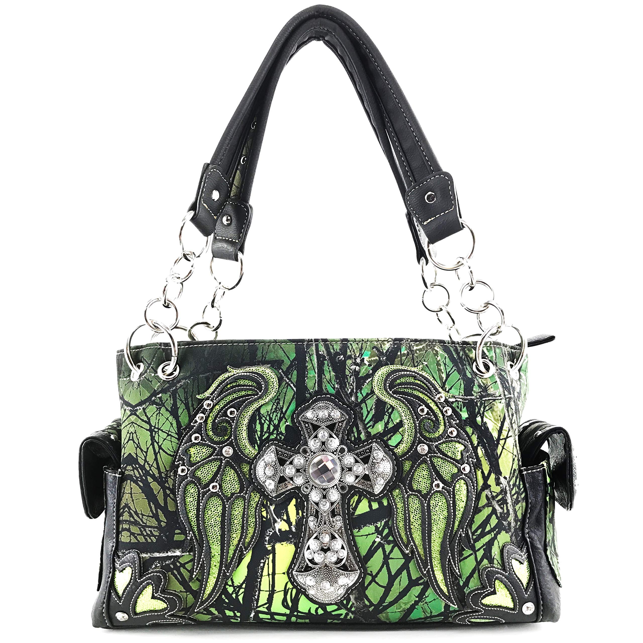 Zelris Camouflage Shine Glow Cross Wings Women Conceal Carry Handbag (Green)