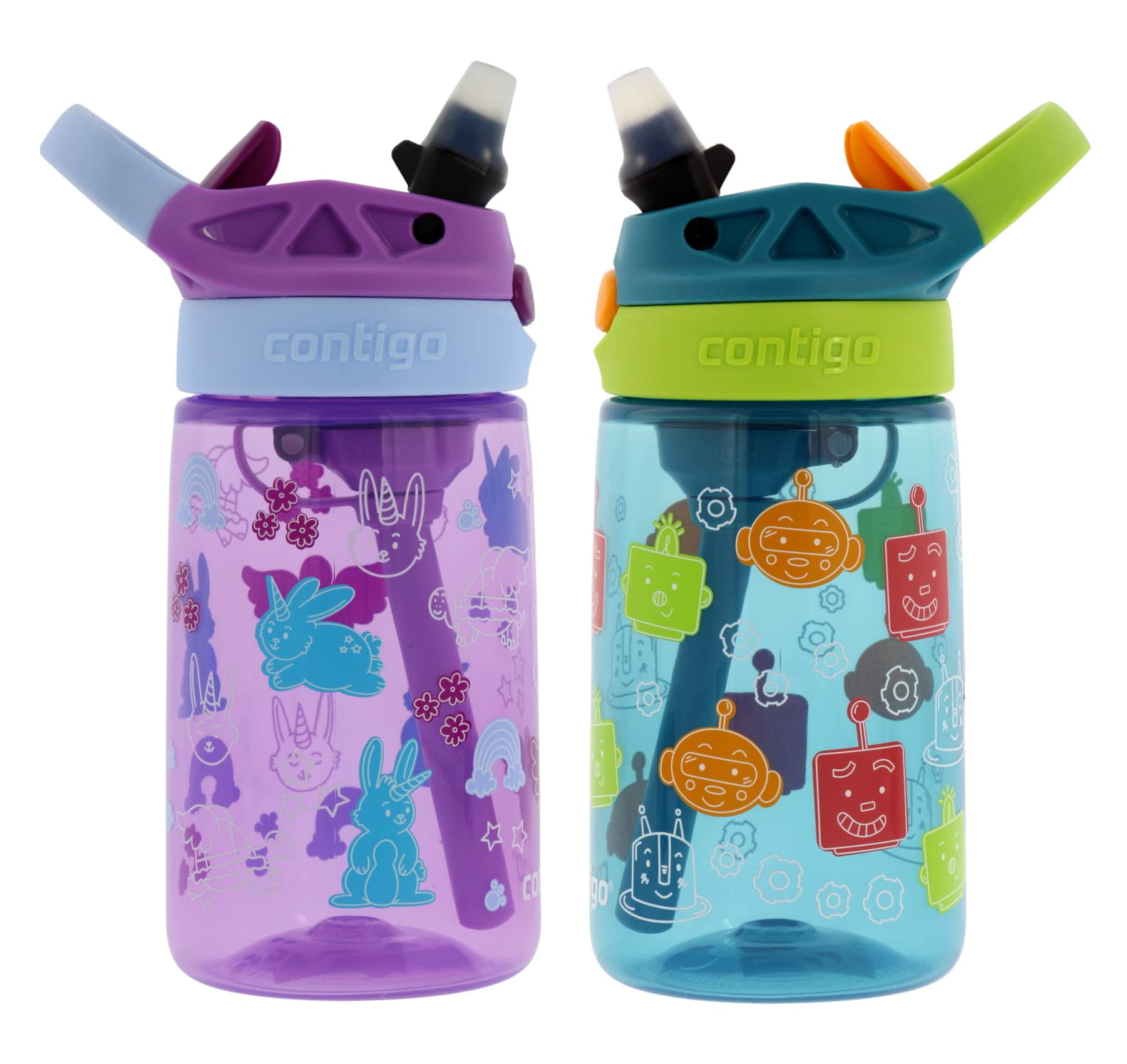Contigo 14 oz Kids Plastic Water Bottle with Straw Lid, 2 Pack - Purple Bunnicorns and Blue Friendly Bots