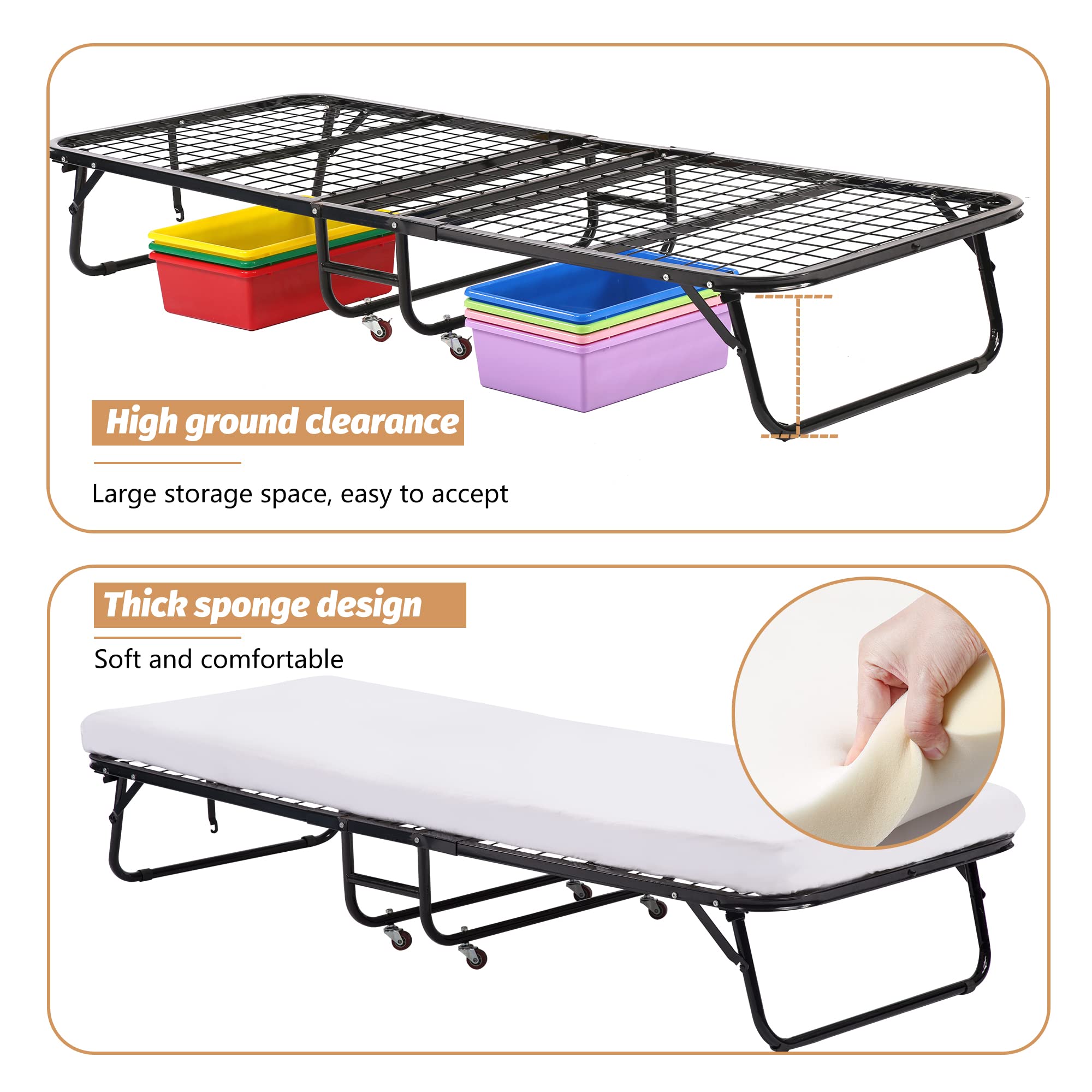 Folding Guest Bed with Wheels Guest Beds Portable Beds Extra Roll Away Foldaway 3.9 Inch Comfort Foam Mattress Strong Sturdy Frame Heavy Duty L75*W30*H12 Inches，White