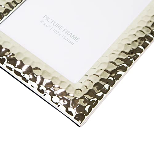 Modern Designer Silver Plated Steel Metal 4x6 Picture Frame with Hammered Frame | Luxurious Black Velvet Backing | Portrait or Landscape