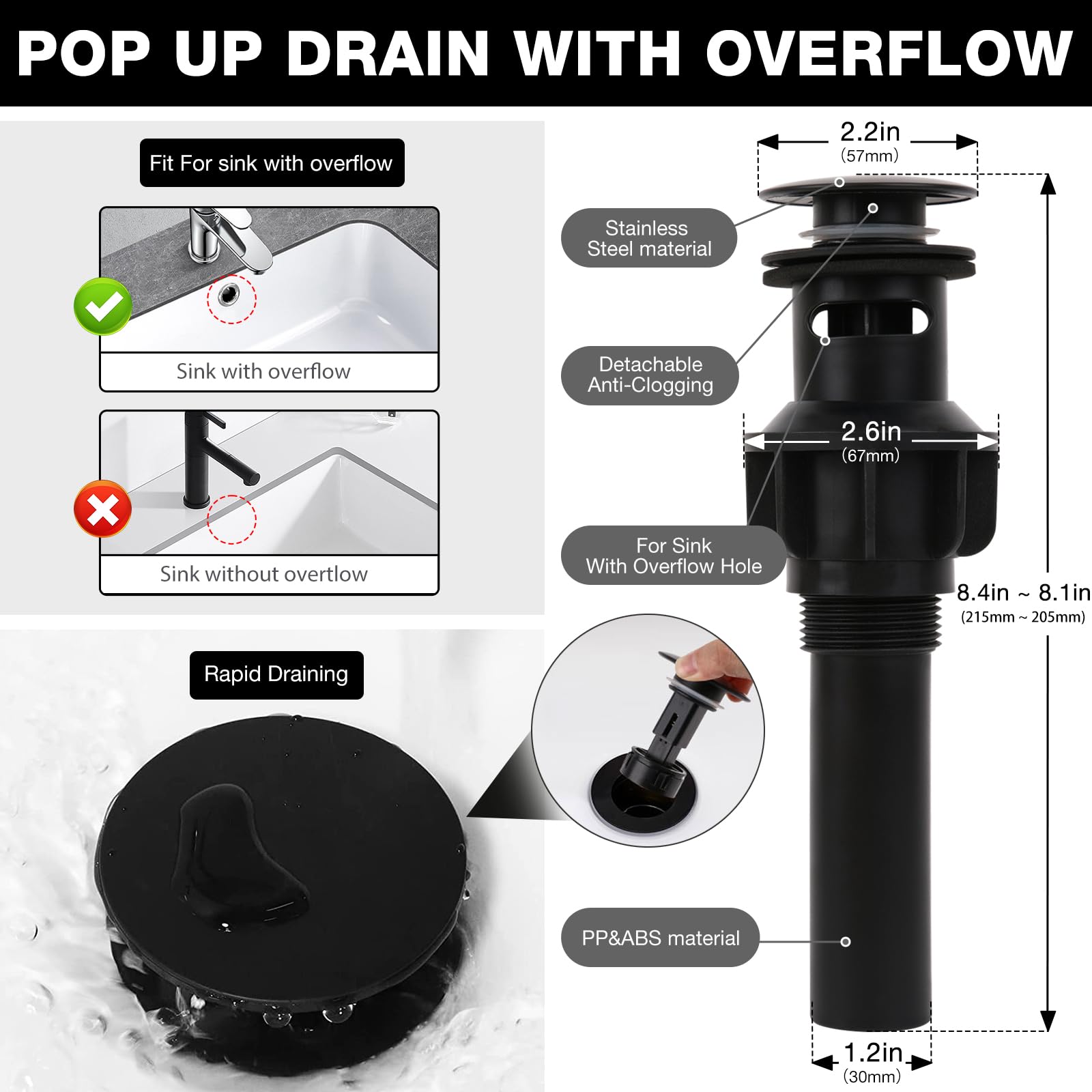 M OUDEMEI Solid Brass Waterfall Spout Bathroom Sink Faucet, Single Handle Lavatory Faucet with Deck Plate for 1 OR 3 Hole, 4 Inch Centerset Vanity Faucet (with Drain, Matte Black)
